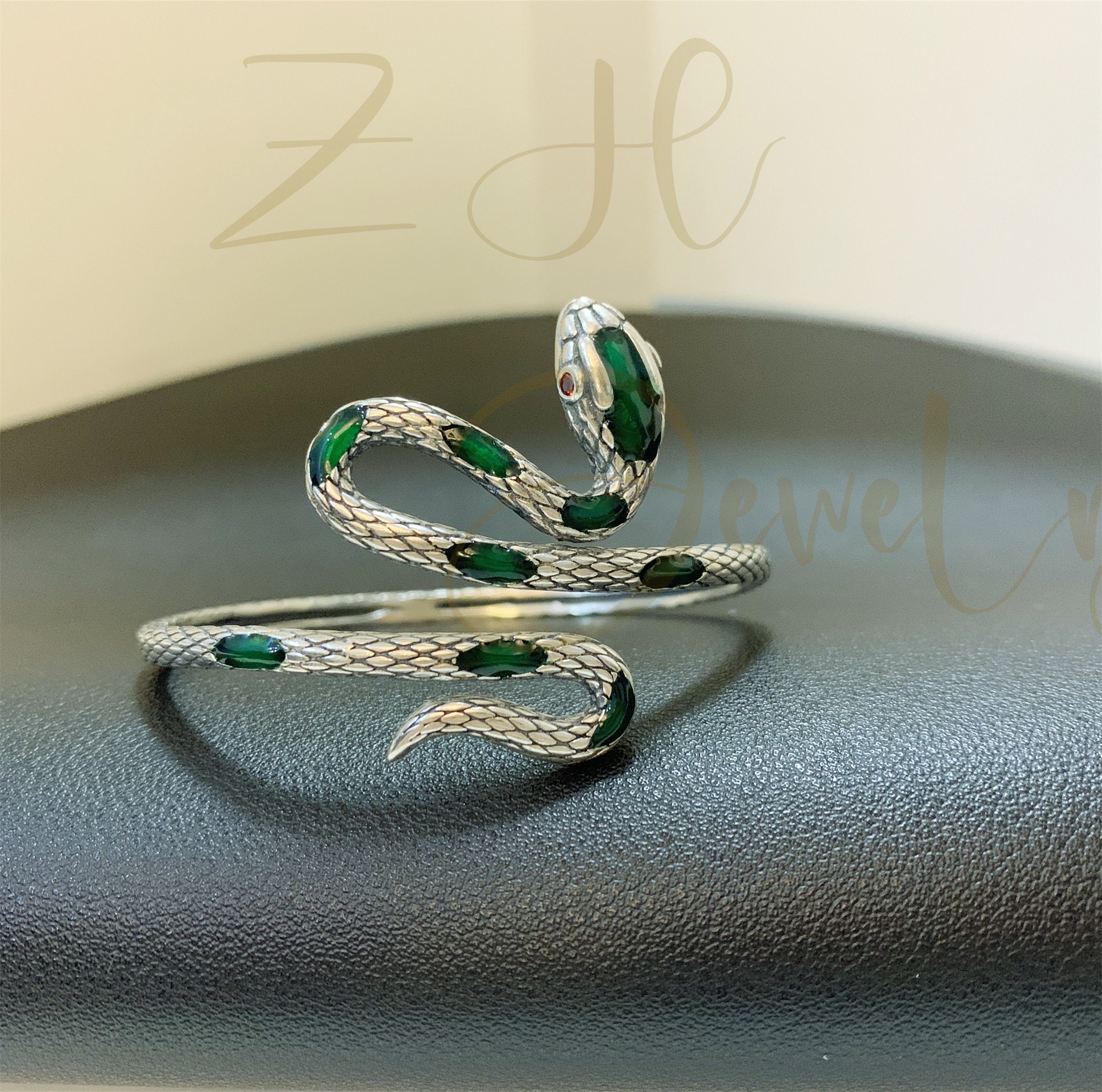 Snake Bangle Arm Cuff,stelring Silver Serpent Bracelet,green Enamel ...