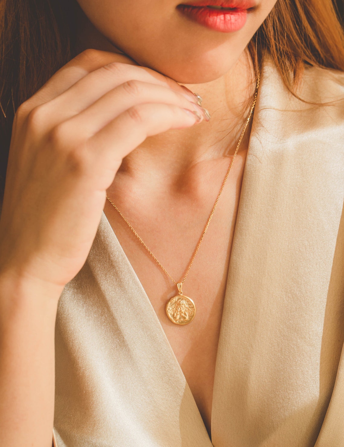 Angel Medallion Necklace,cherub Necklace,18k Solid Yellow Gold Guardian ...