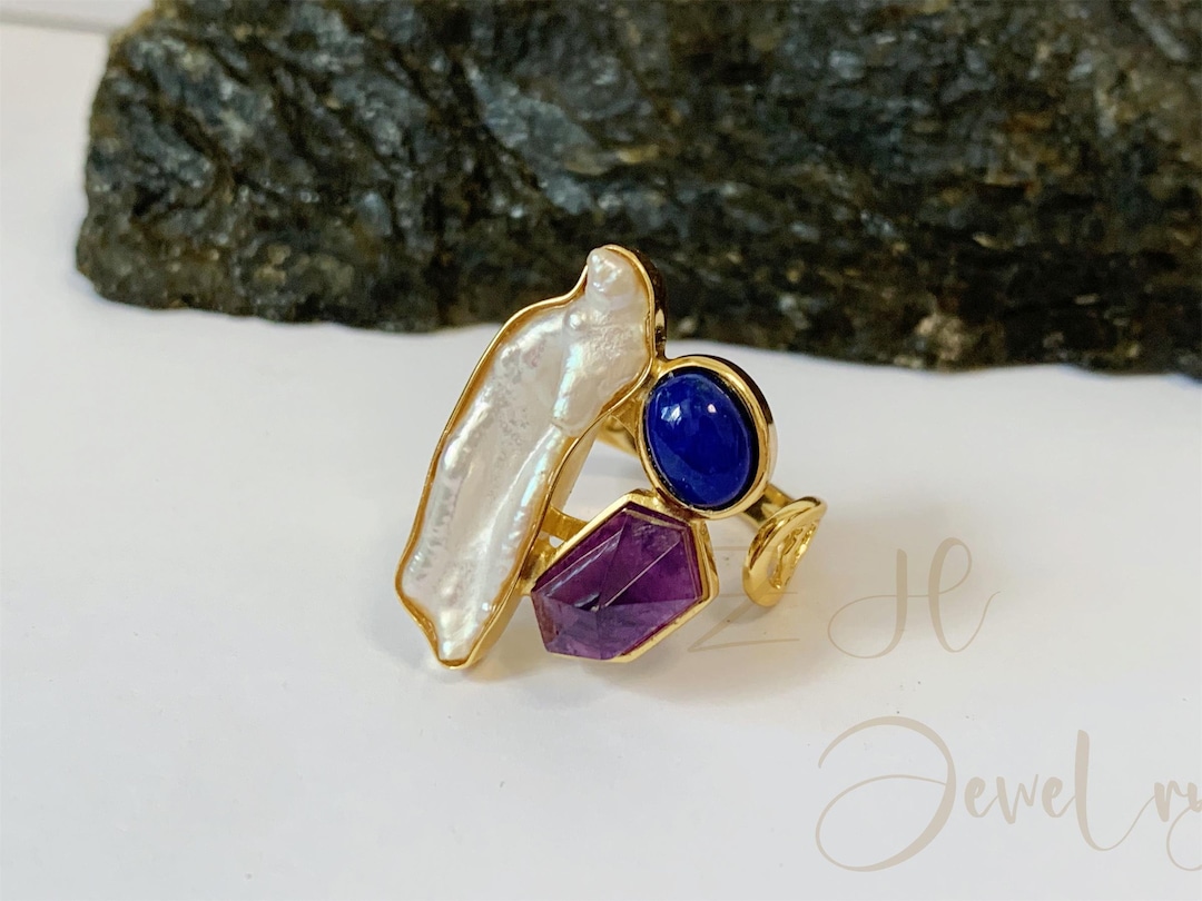 Multi-gemstone Ring,baroque Pear,lapis Lazuli,amethyst Ring,adjustable ...