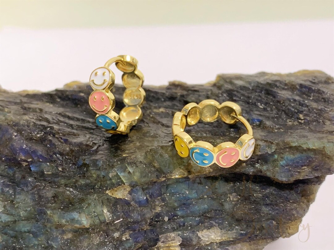 Smiley Hoop Earrings,enamel Huggie Hoop Earrings, Small Hoop Earrings ...