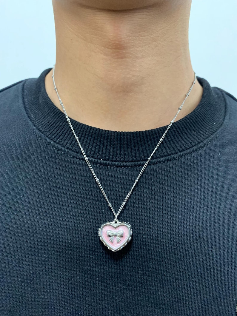 Personalized Pink Heart Locket Necklace ,waterproof Photo Bow Necklace ...