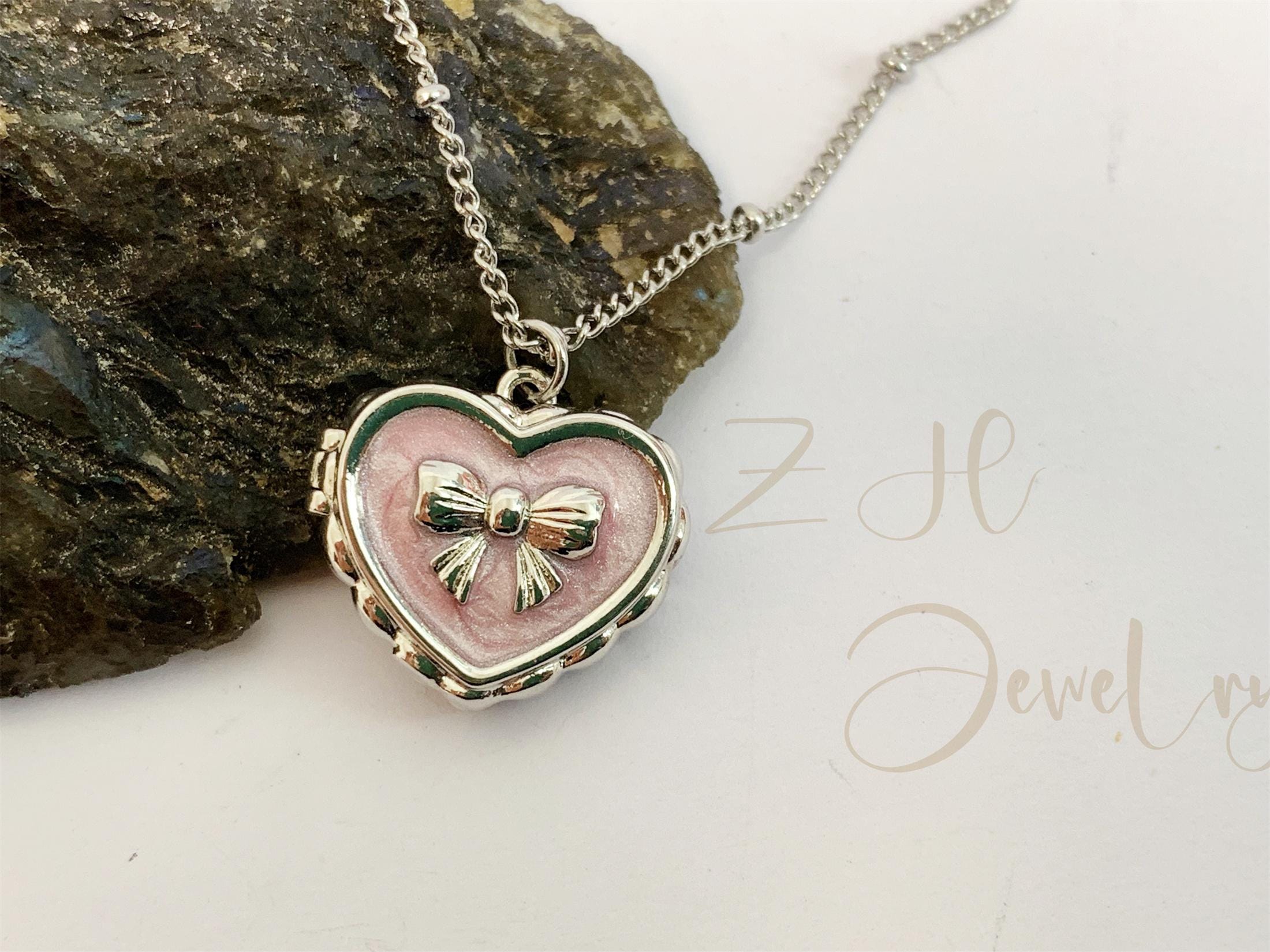 Personalized Pink Heart Locket Necklace ,waterproof Photo Bow Necklace ...