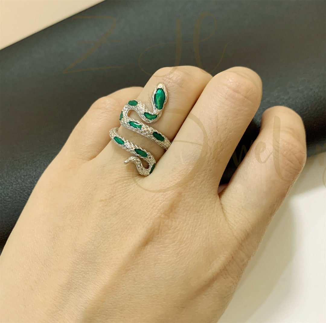 Adjustable Snake Ring With 925 Sterling Silver , Green Enamel Snake ...