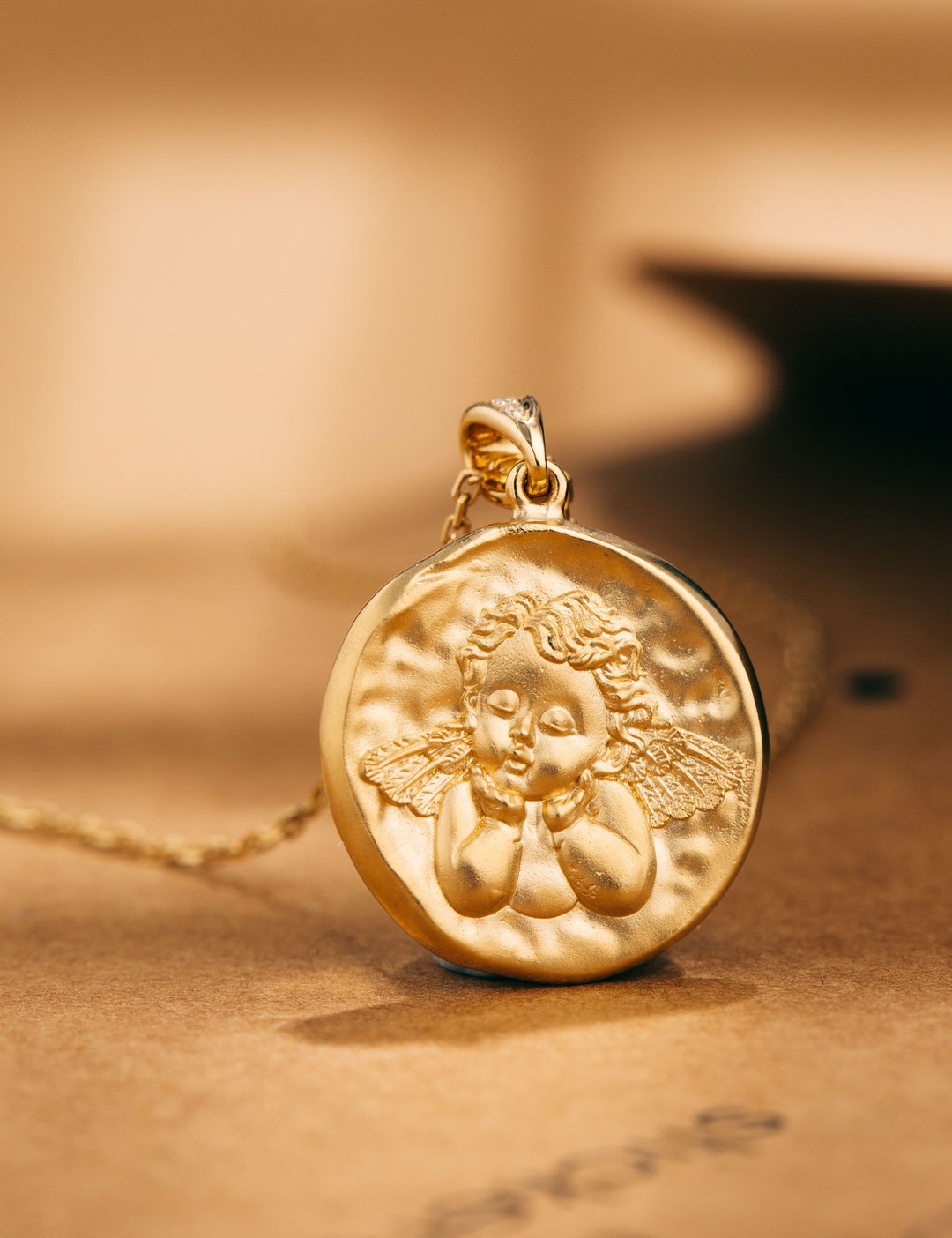 Angel Medallion Necklace,cherub Necklace,18k Solid Yellow Gold Guardian ...