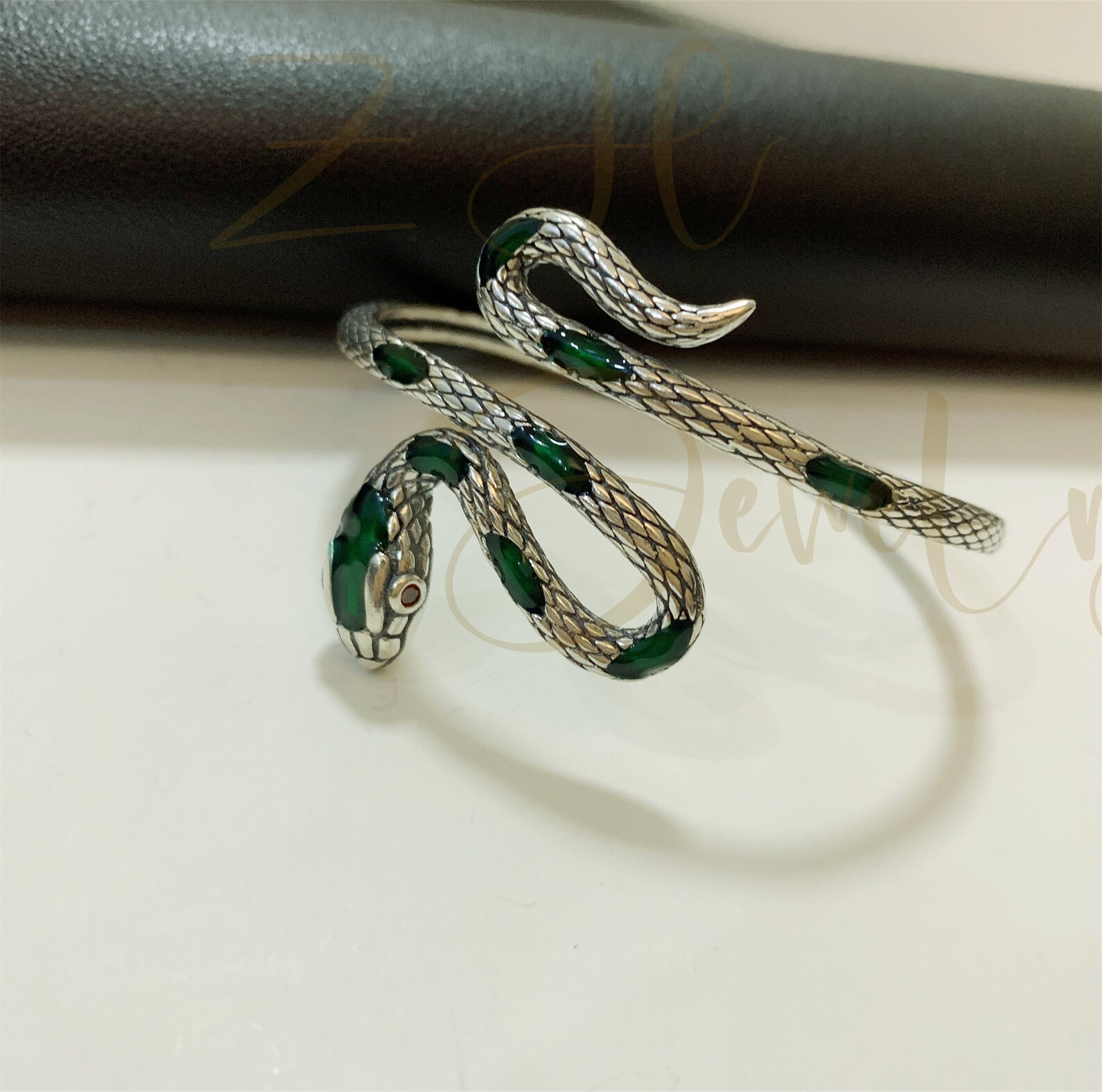 Snake Bangle Arm Cuff,stelring Silver Serpent Bracelet,green Enamel ...
