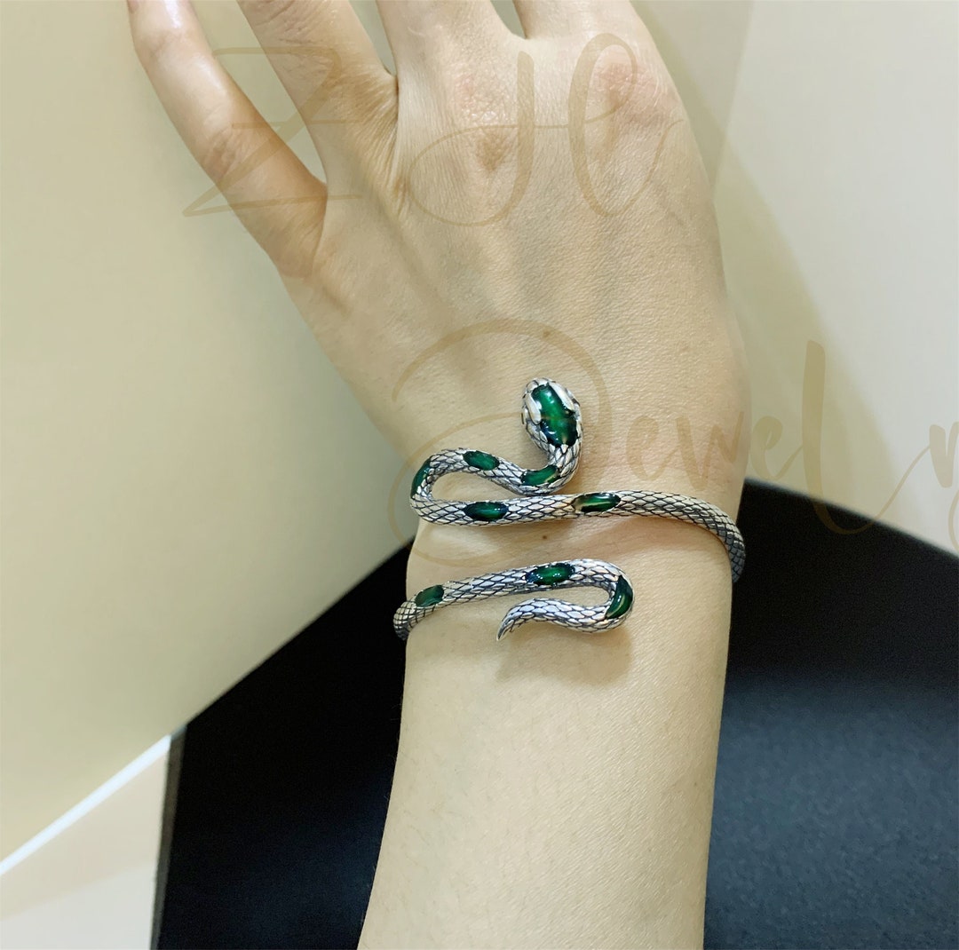 Snake Bangle Arm Cuff,stelring Silver Serpent Bracelet,green Enamel ...