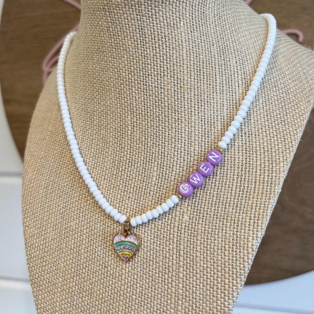 Personalized Girls Necklace, Czech Beads, Heart Charm, Custom Name ...