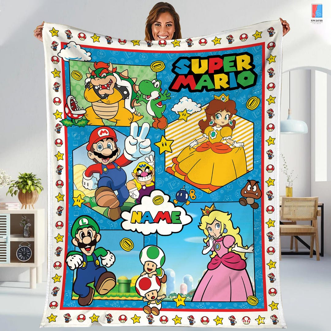Personalized Super Mario Blanket, Custom Name Mario Blanket, Mario ...