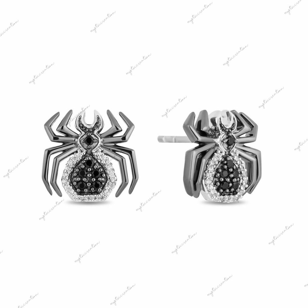 Womens Tiny Spider Stud Earrings / Solid 925 Silver Black Diamond ...