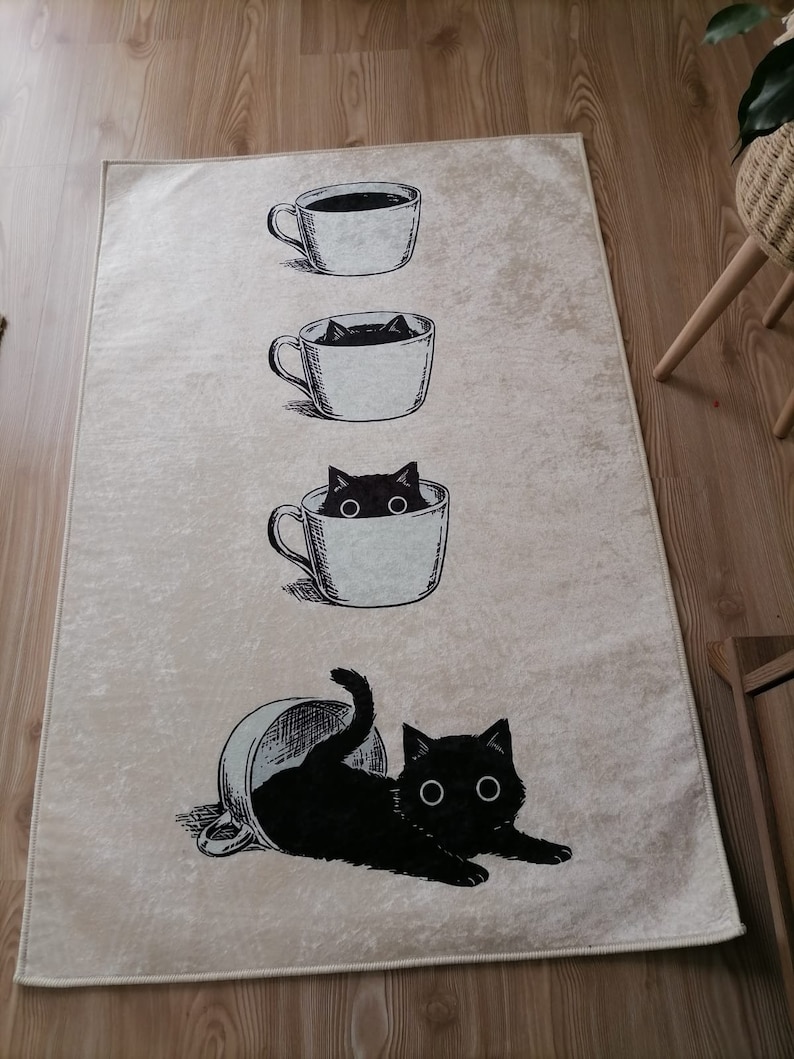 Cup and Cat Patterned Machine Washable Non Slip Kitchen Rug / - Etsy