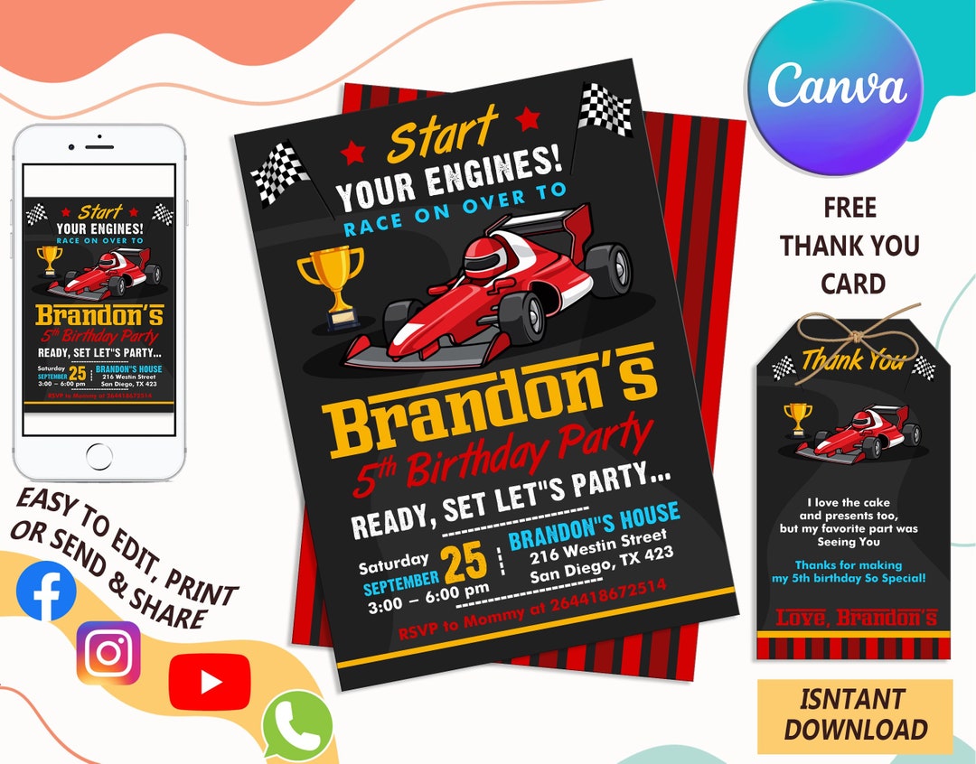 Editable Race Car Invitation, Race Car Birthday Party Invitation, Go ...