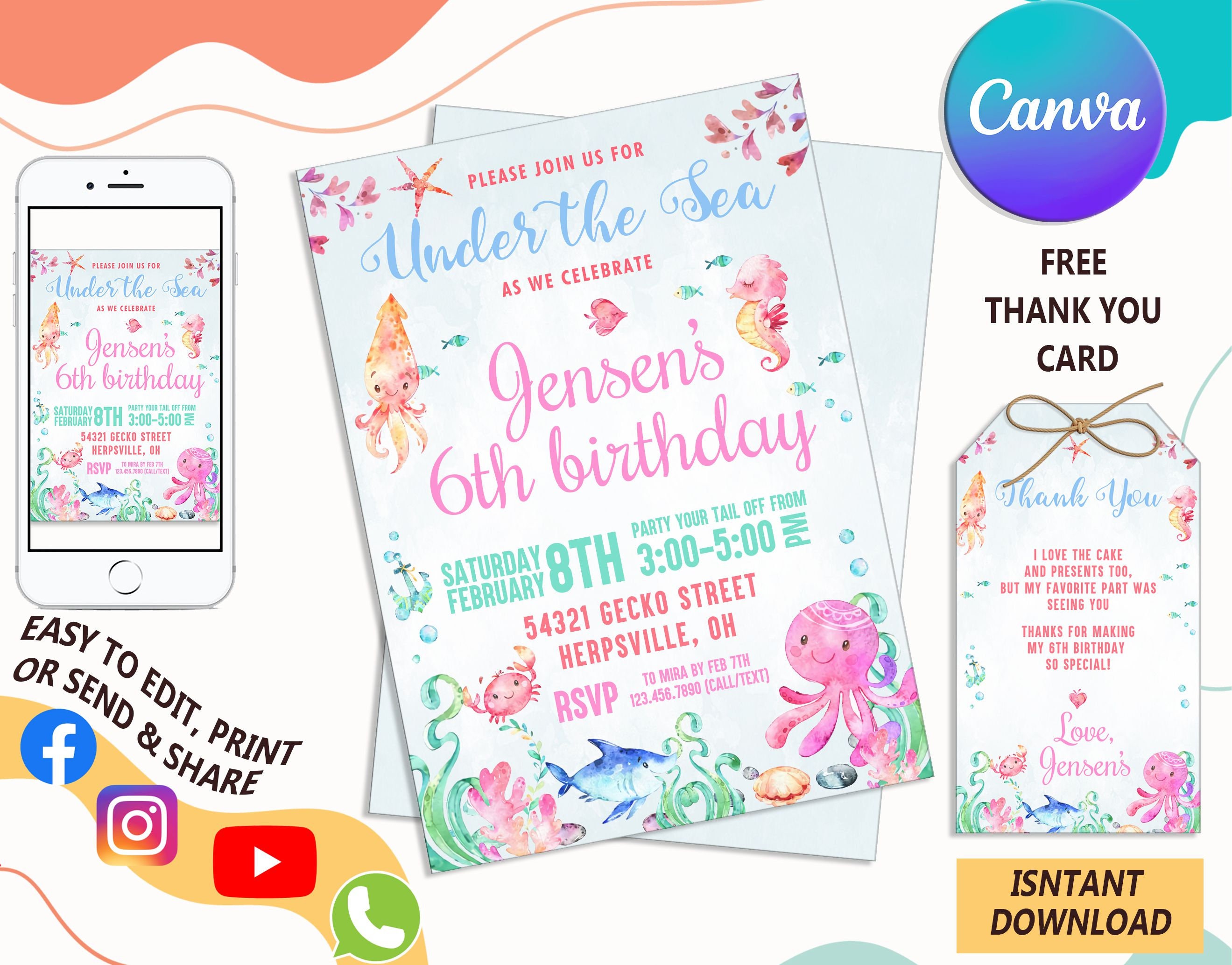 Editable Under the Sea Birthday Invitation, Editable Ocean Animals ...