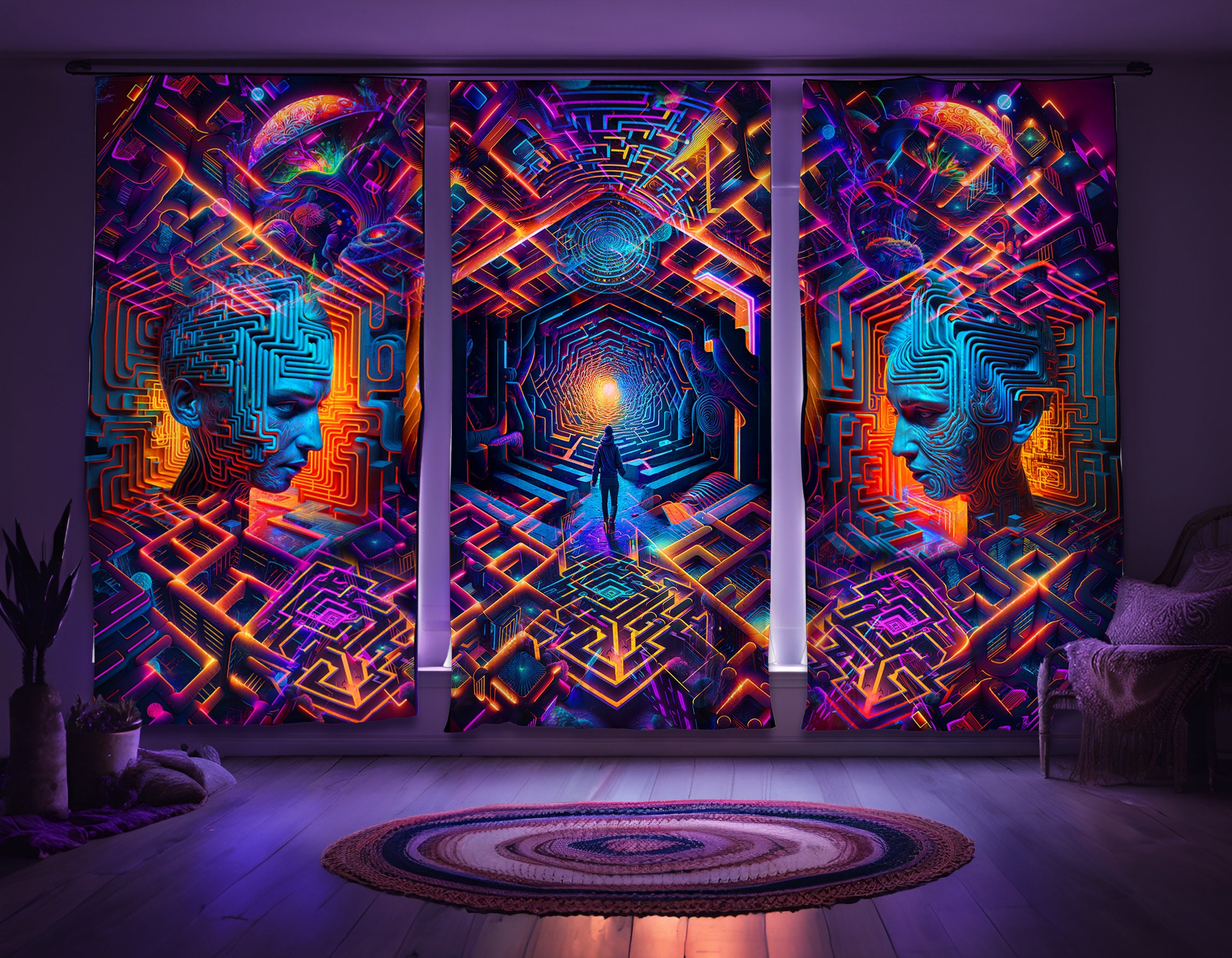UV Reactive Psychedelic Curtain Window Treatment Fluorescent Blacklight Art With Highly Detailed ...