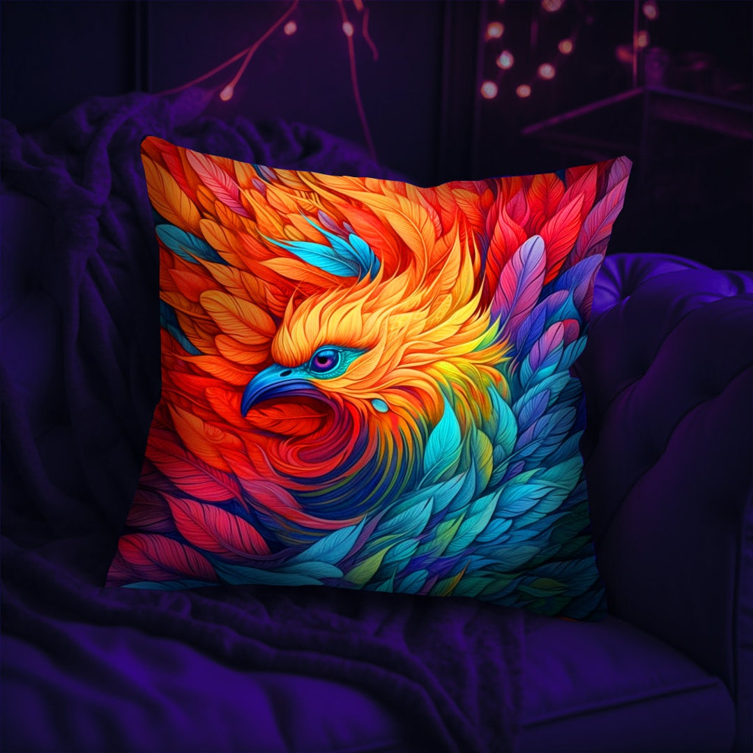 Psychedelic Phoenix Cushion: UV Reactive Neon Velvet Pillow - Etsy