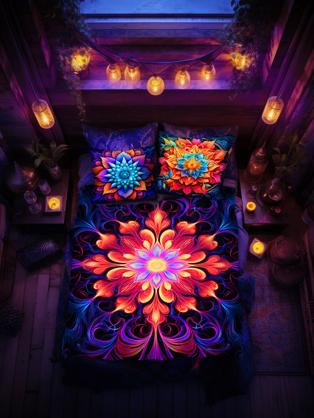 Floral Psychedelic UV Reactive Blanket, Blacklight Art Bedspread ...