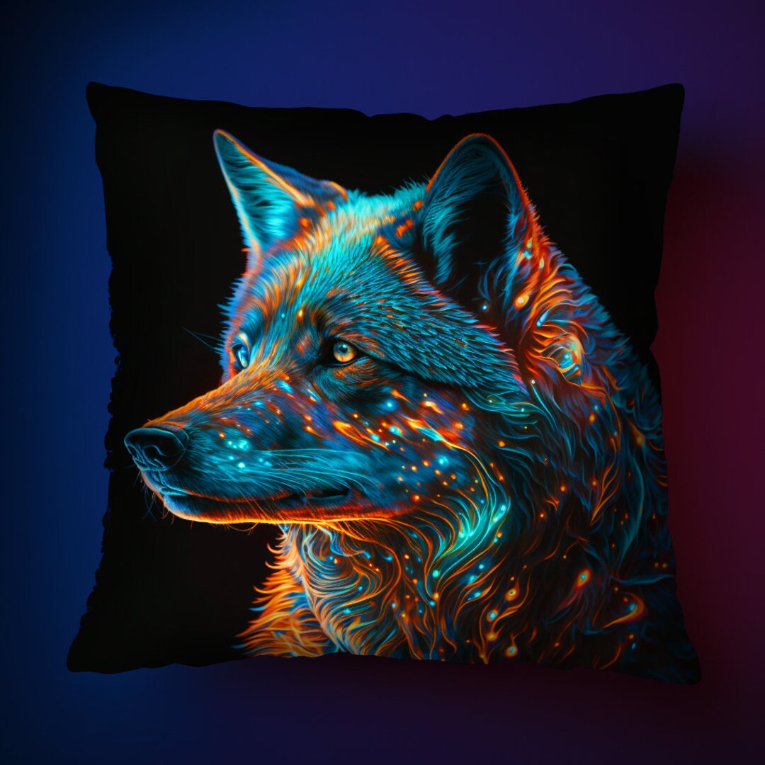 UV Reactive Wolf Cushion: Psychedelic Neon Pillow Case - Etsy