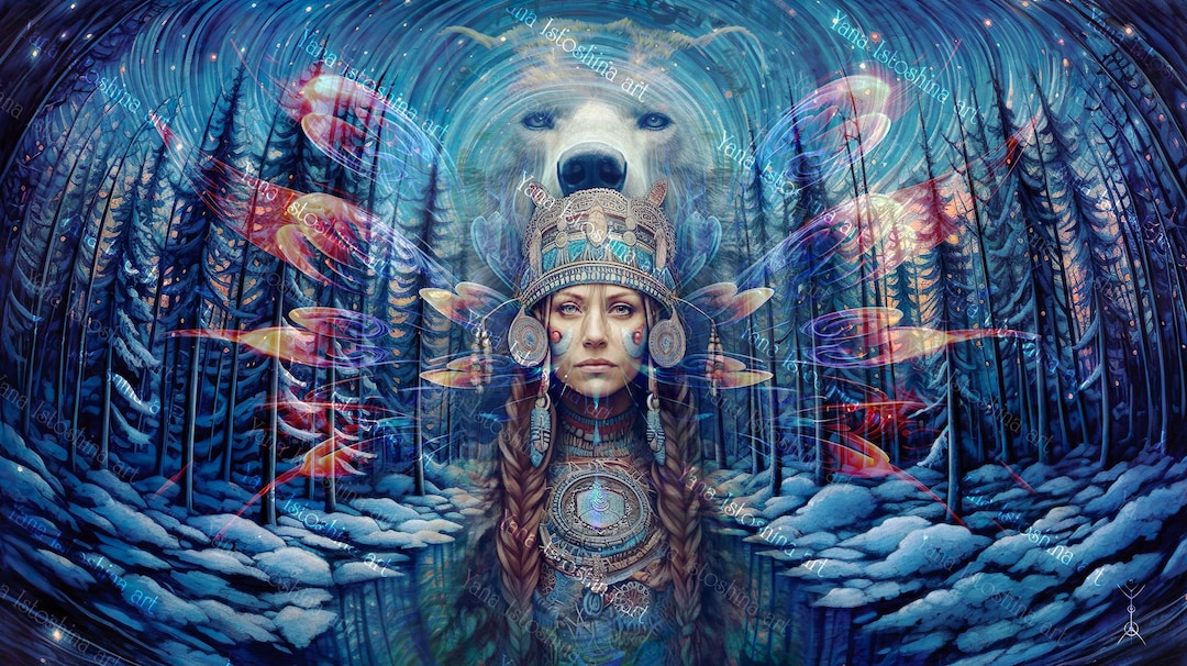 Shamanic Woman With Bear Totem Canvas Print – Mystical Winter Forest ...