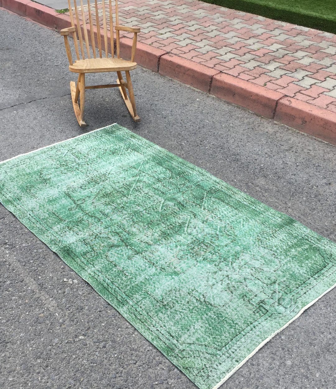 4x6 Retro Green Kitchen Rug, Boho Green Office Rug, Green Vintage Rug ...