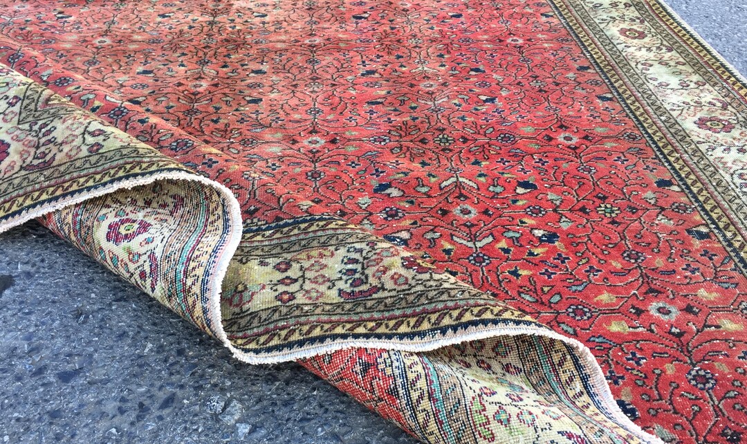 7x9 Red Boho Handmade Rug, Retro Dining Room Rug, 6'7 X 9'5 Living Room ...