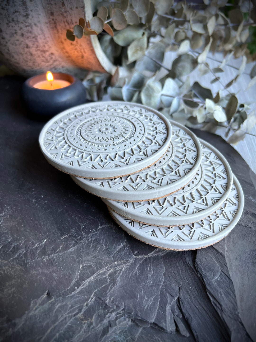 Set of 4 Natural Gray Textured Geometric Concrete Coasters | Cement ...