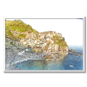 Manarola Cinque Terre Italy Wall Art, Italian Riviera Illustration ...