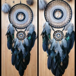 Large Black Dream Catcher in Traditional Style With Fur of a Silver Fox ...
