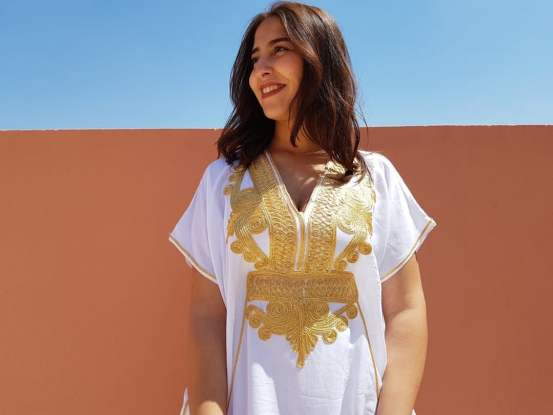 White Moroccan Kaftan, Gold Djellaba for Women, Present for Mother - Etsy