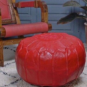 Moroccan POUF **50% OFF** With White Stitching Leather Pouf Ottoman ...