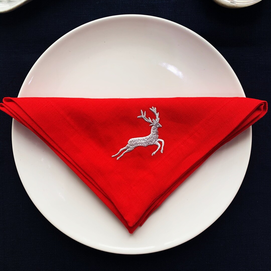 Silver Reindeer Embroidered Red Christmas Linen Napkins | Elegant Touch ...
