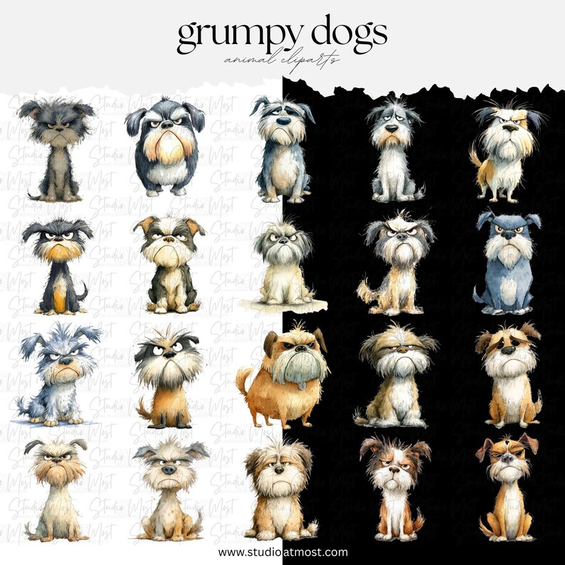 Grumpy Dogs Watercolor Clipart: Funny Puppy PNG Graphics (digital ...