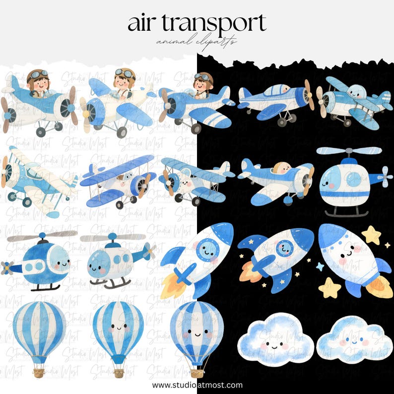Baby Boy Air Transport Clipart: Airplane, Helicopter, Balloon (digital ...