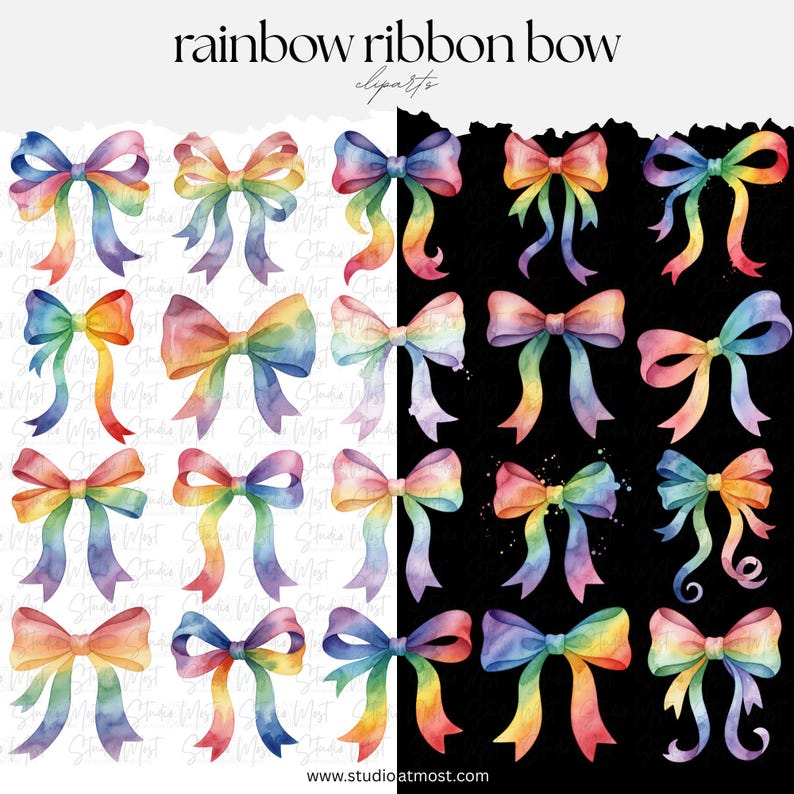 Rainbow Ribbon Bow Clipart, Watercolor Rainbow Bows PNG, 23 Digital ...