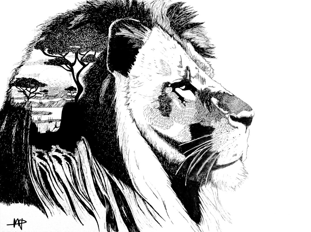 Lion & Savannah Felt Pen Drawing - Etsy