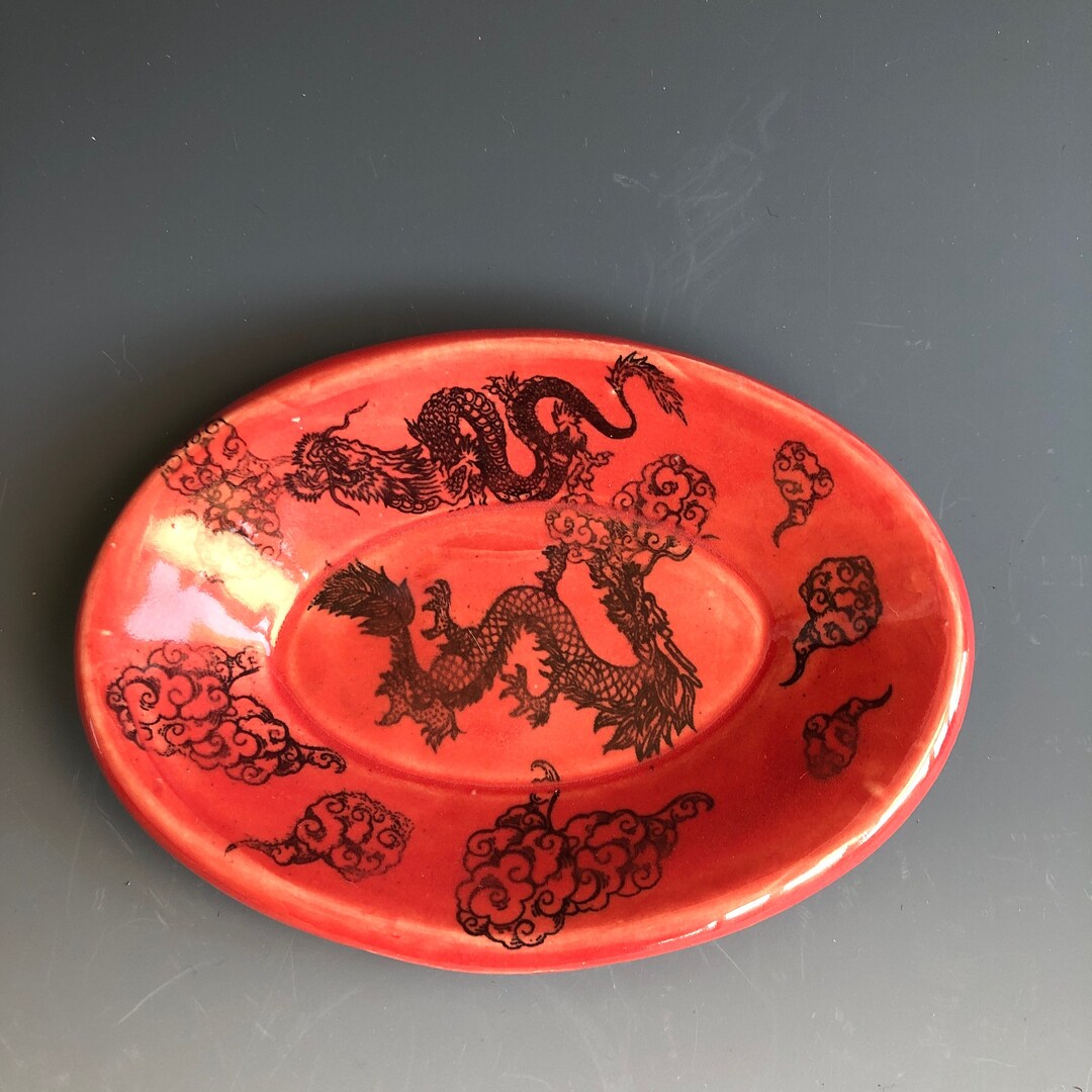 Red Dragon Oval Pottery Bowl, Multiuse Dish, Snack Dish, Teaspoon Rest ...