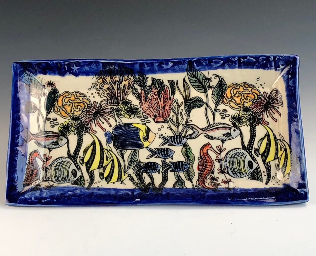 Sea Life Pottery Ceramic Dish, Tropical Fish Platter, Beach Decor ...