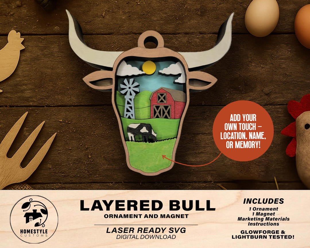 Layered Bull - Ornament and Magnet - SVG, PDF, AI File Download - Works ...