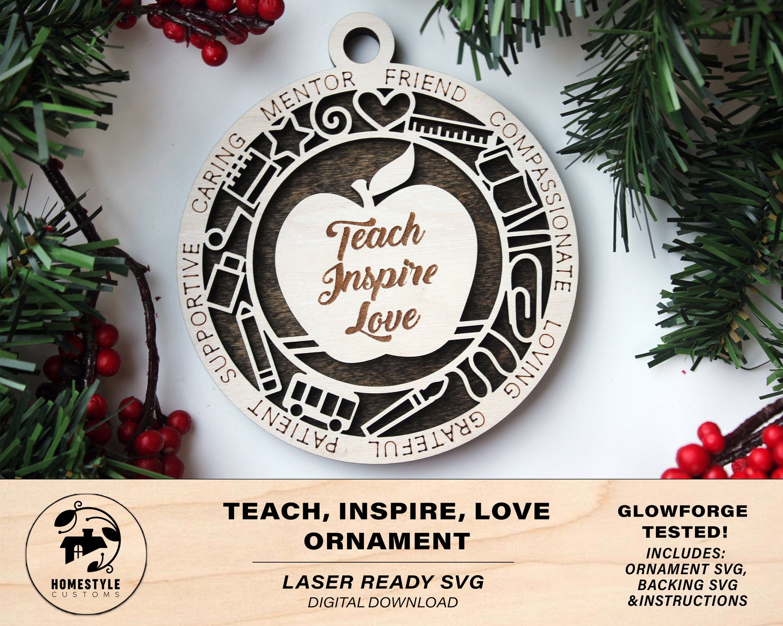 Teach Inspire Love School Teacher Ornament SVG File - Etsy