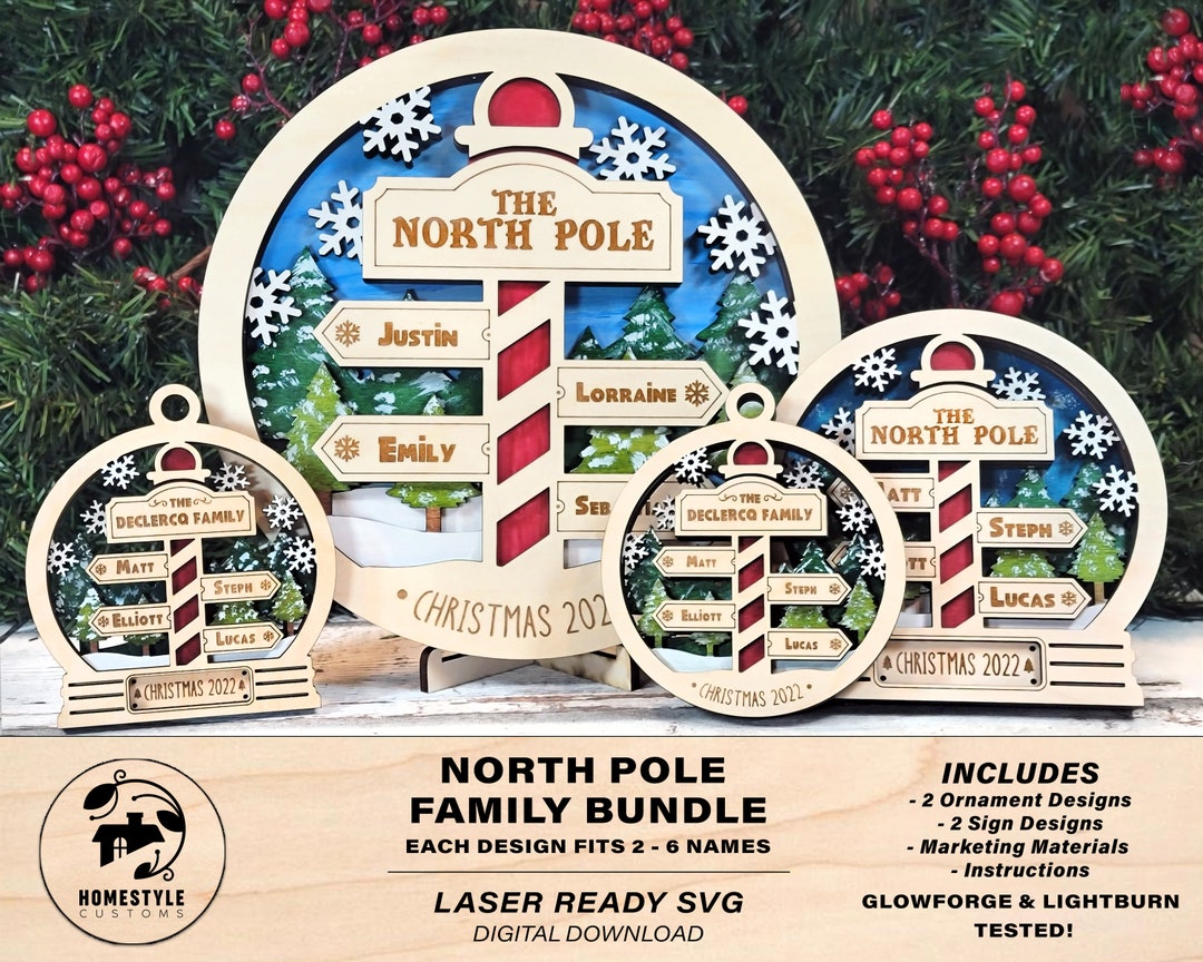 North Pole Family Bundle - 2 Ornaments & 2 Signs Included - Each Design ...
