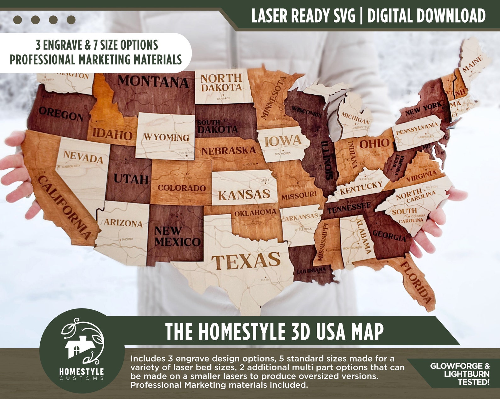 The Homestyle 3D USA Map 3 Engrave, 7 Sizes With 2 Oversize Options for ...