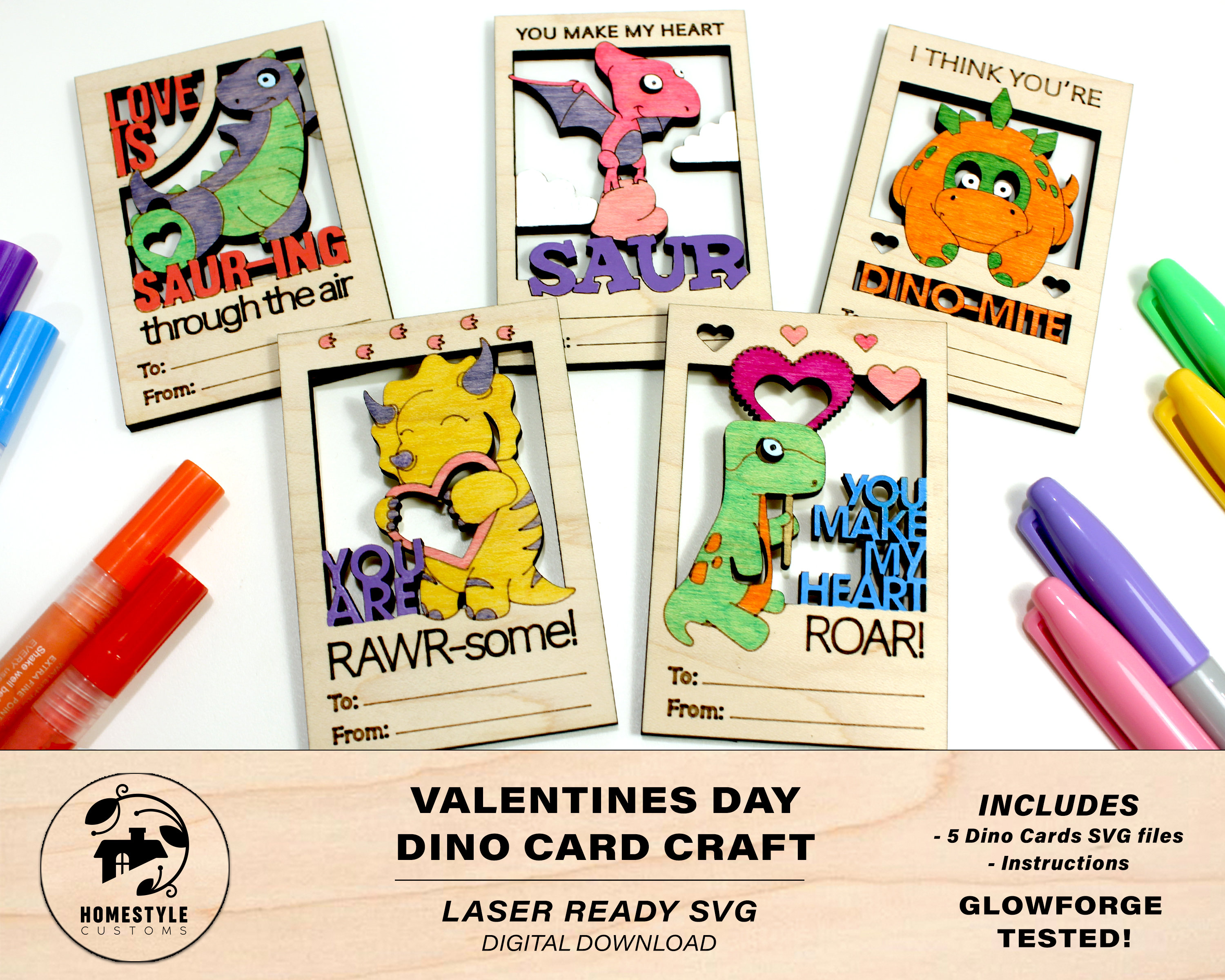 Valentines DIY Dinosaur Paint Card Craft - SVG File Download - Sized ...