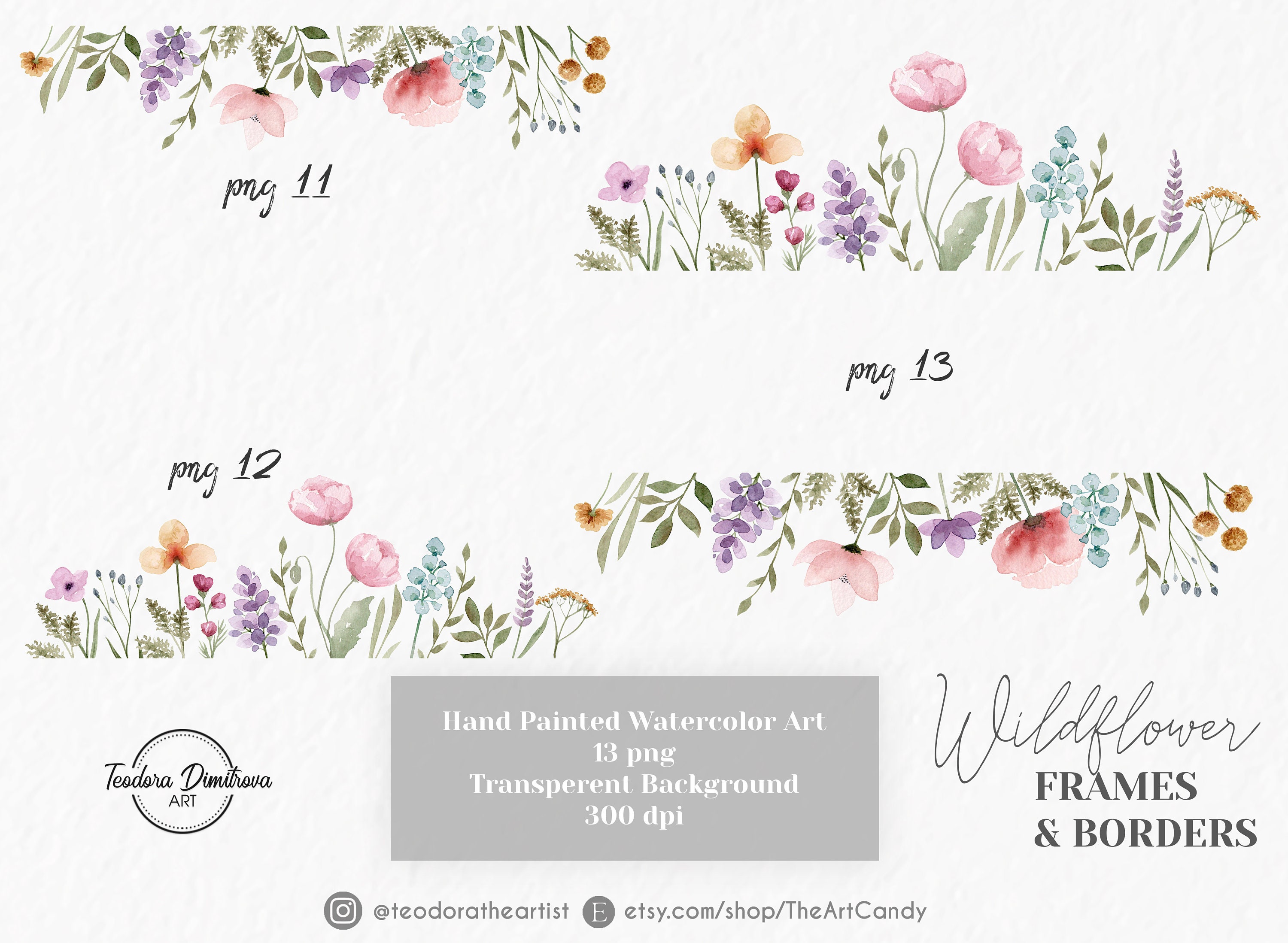Watercolor Wildflower Frames and Borders Clipart PNG Hand - Etsy