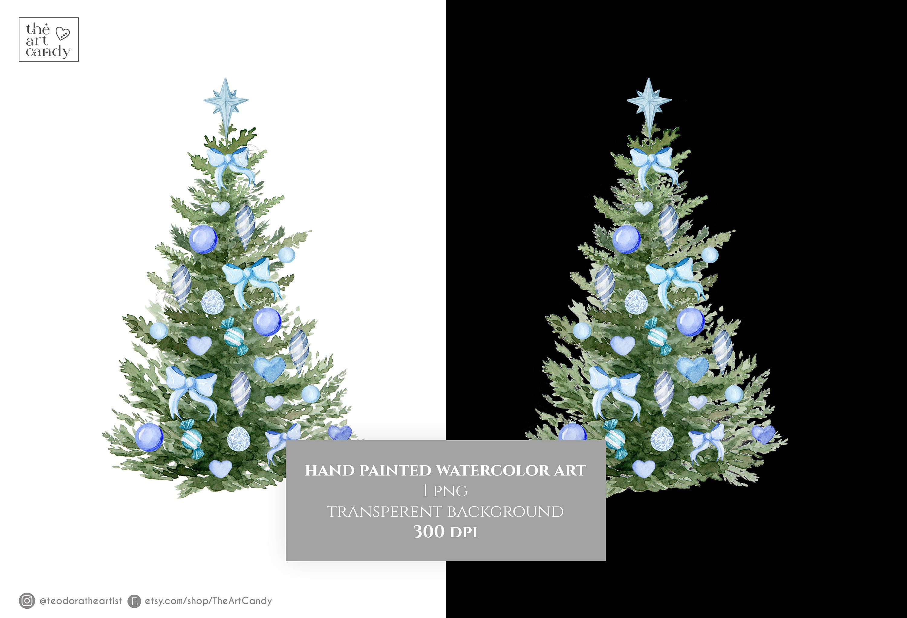 Blue Christmas Tree Watercolor Clipart PNG | Hand Painted Blue ...