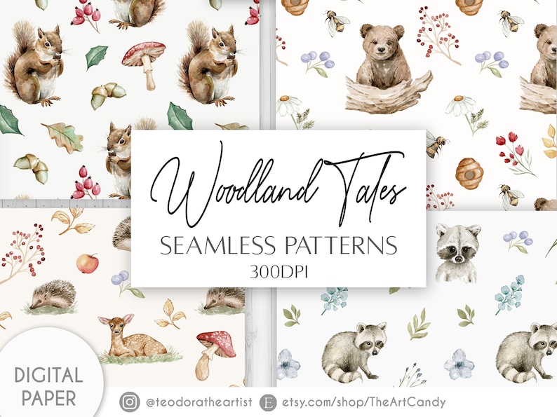 Woodland Animals Digital Paper Watercolor Art Forest Seamless Pattern ...