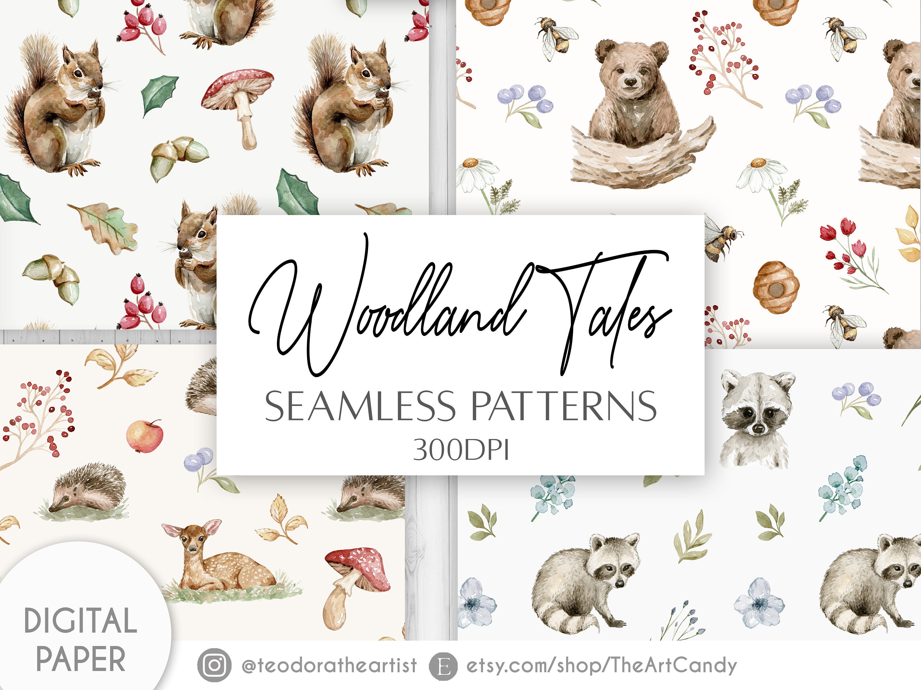Woodland Animals Digital Paper Watercolor Art Forest Seamless Pattern ...
