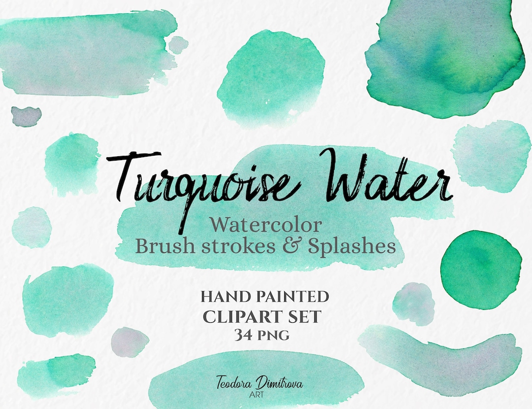 Turquoise Watercolor Brush Stroke and Splashes Clipart PNG Hand Painted ...