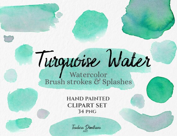 Turquoise Watercolor Brush Stroke and Splashes Clipart PNG | Etsy