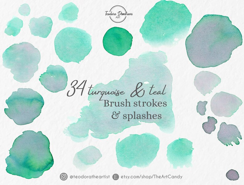 Turquoise Watercolor Brush Stroke and Splashes Clipart PNG Hand Painted ...