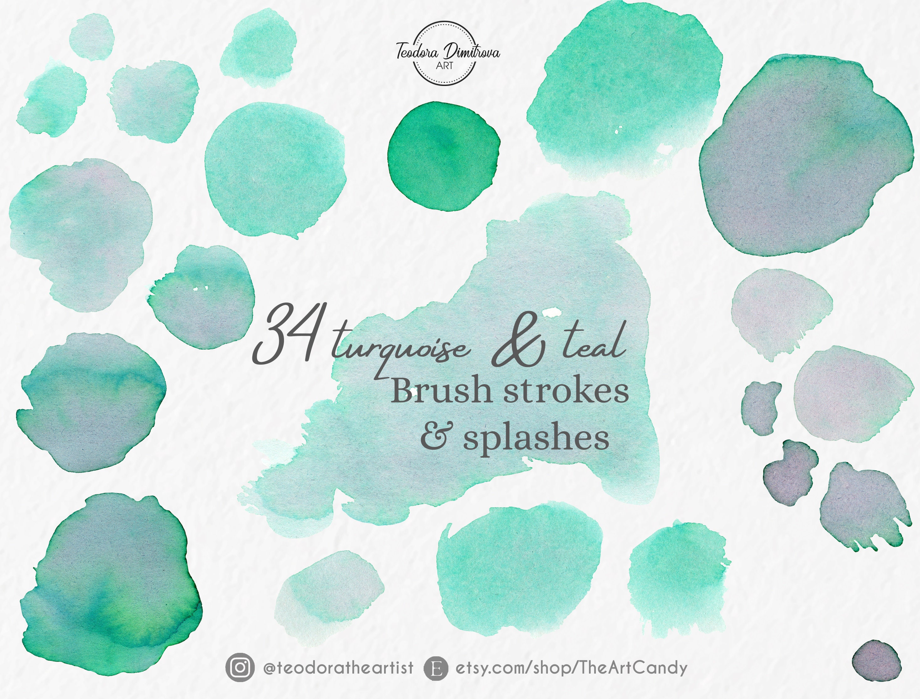 Turquoise Watercolor Brush Stroke and Splashes Clipart PNG Hand Painted ...