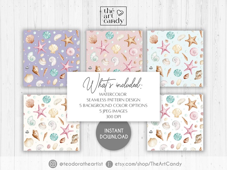 Summer Seamless Pattern Seashells Watercolor Art | Beach Ocean Digital ...