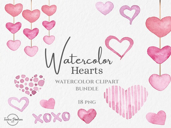 Watercolor Hearts Clipart Bundle Valentine's Day PNG | Etsy
